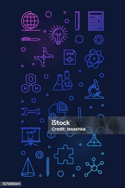 Stem 과학 기술 공학 수학 개념 가는 선 세로 다채로운 현대 배너 Stem 주제에 대한 스톡 벡터 아트 및 기타 이미지