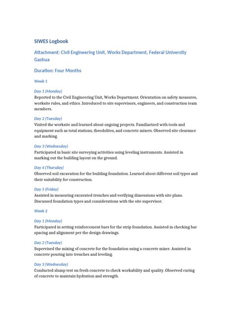 Siwes Logbook Civil Engineering Pdf