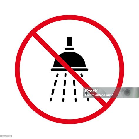 금지 된 사용 샤워 픽토그램 경고 금지 세척 물 목욕 블랙 실루엣 아이콘 금지 된 욕조 레드 스톱 서클 기호 정보 허용되지 않는 욕실 표지판 격리된 벡터 일러스트 레이 션