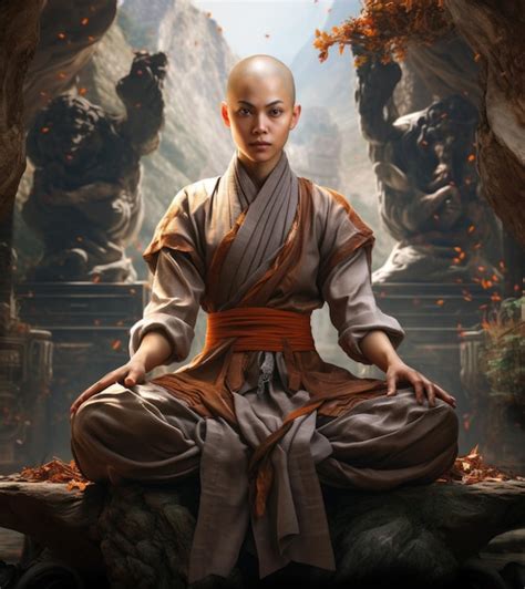 Premium Ai Image China Young Female Shaolin Asia Monk In Monastery