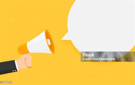거품 연설 중요 발표 메시지와 함께 메가 폰을 들고 손 벡터 플랫 디자인 사람들에 대한 스톡 벡터 아트 및 기타 이미지