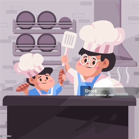 흰색과 파란색 의상을 가진 셰프는 부엌 만화 플랫 컬러 스타일의 고립 된 배경 일러스트에서 레시피를 요리하는 방법을 학생에게 가르치고 있습니다 관사에 대한 스톡 벡터 아트