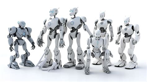 Group Of White Robots Are Standing Together Background 3d Rendering
