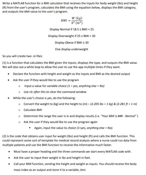 Solved Write A Matlab Function For A Bmi Calculator That