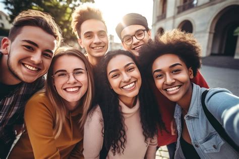 Premium Ai Image Cheerful Young People Classmates Pose And Have Fun Ai Generated