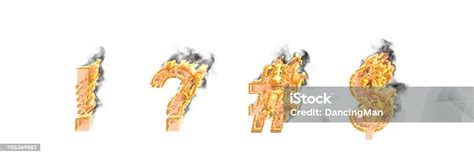 예술적 디자인 글꼴 조밀 한 불타는 화재 및 연기 느낌표 물음표 숫자 기호 및 달러페소 기호에 고립 된 흰색3d 그림 기호 3차원 형태에 대한 스톡 사진 및 기타 이미지