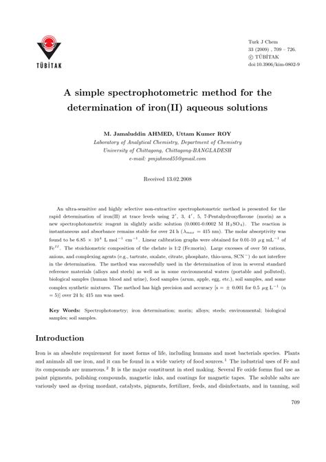 Pdf A Simple Spectrophotometric Method For The Determination Of Iron Ii Aqueous Solutions