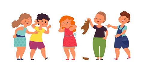 아이들을 괴롭히는 사춘기 십대 조롱 소녀 플랫 우울한 아이 학교 깡패 친구 학대 작은 아이 괜찮은 벡터 개념 집단 따돌림에 대한 스톡 벡터 아트 및 기타 이미지 Istock