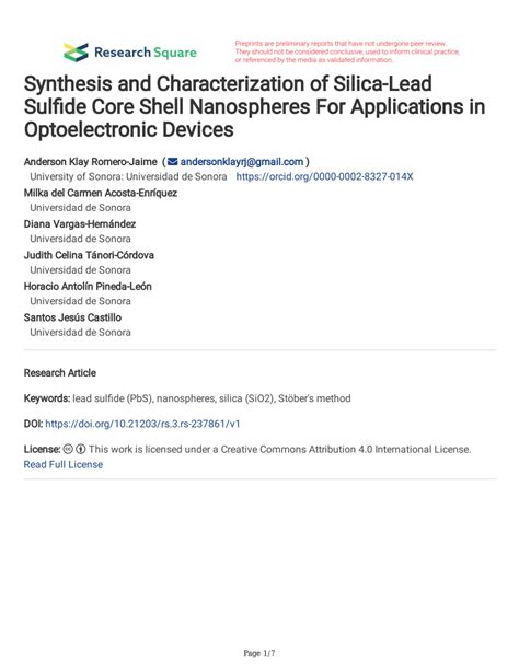 Pdf Synthesis And Characterization Of Silica Lead Sulfide Core Shell Nanospheres For