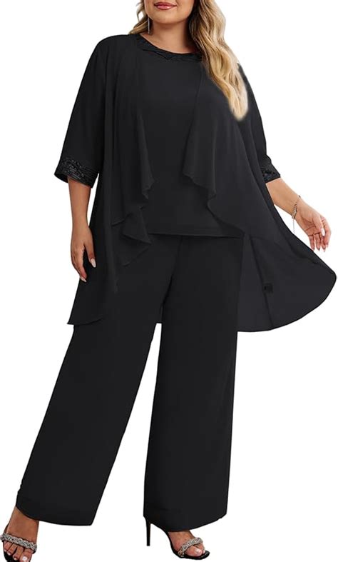 Hanna Nikole Plus Size Mother Of The Bride Pant Suits 3 Piece Chiffon Sets Wedding