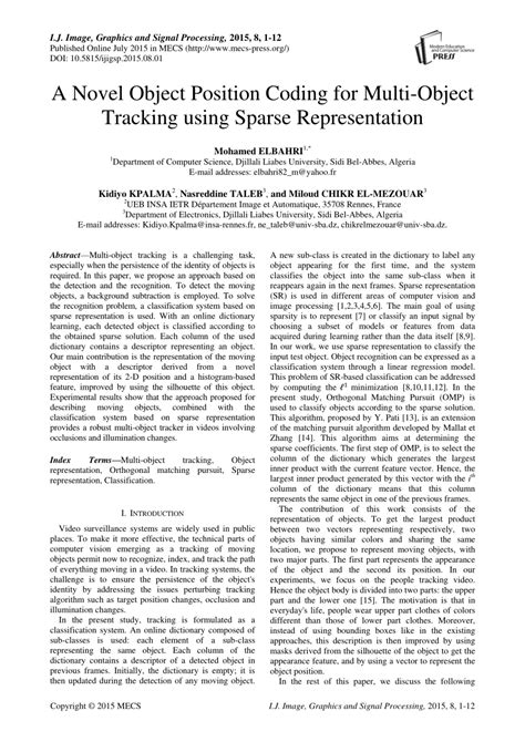 pdf a novel object position coding for multi object tracking using sparse representation