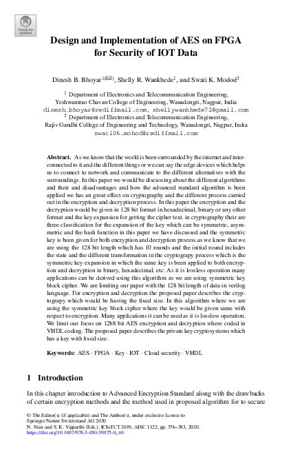 Pdf Design And Implementation Of Aes On Fpga For Security Of Iot Data
