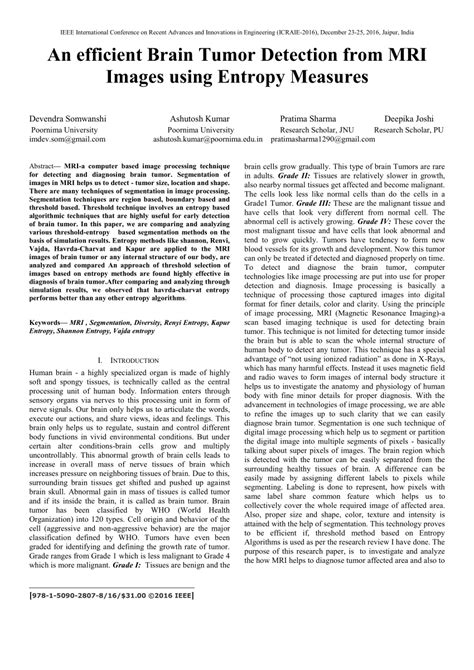 Pdf An Efficient Brain Tumor Detection From Mri Images Using Entropy Measures