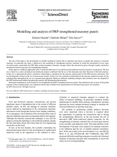 Pdf Modelling And Analysis Of Frp Strengthened Masonry Panels