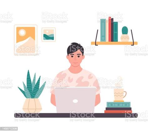 컴퓨터로 일하는 아시아 남자 홈 오피스 프리랜서 원격 근무 프로그래밍 고객 서비스 온라인 경력 플랫 스타일의 벡터 그림 It