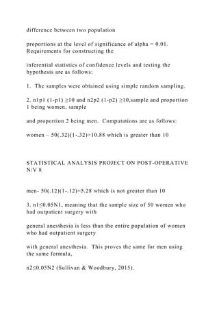 Running Head STATISTICAL ANALYSIS PROJECT ON POST OPERATIVE N Docx