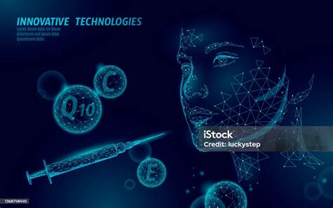 낮은 폴리 여성 얼굴 주사기 비타민 주름에 대한 얼굴 주사 절차를 젊어지게 미용실 배너 템플릿 의학 스킨 케어 벡터 일러스트레이션 사람 얼굴에 대한 스톡 벡터 아트 및 기타