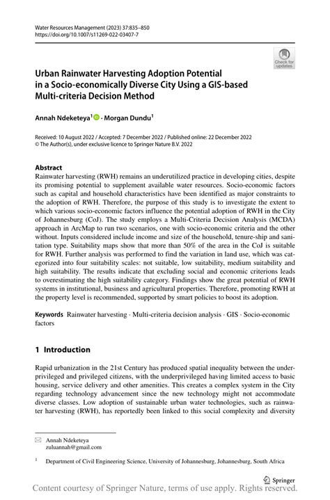 Urban Rainwater Harvesting Adoption Potential In A Socio Economically