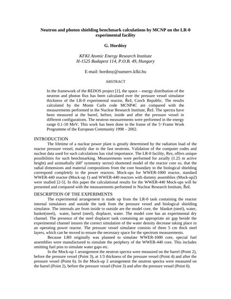 Pdf Neutron And Photon Shielding Benchmark Calculations By Mcnp On The Lr 0 Experimental Facility