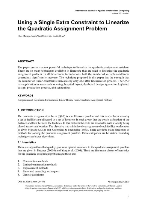 Pdf Using A Single Extra Constraint To Linearize The Quadratic