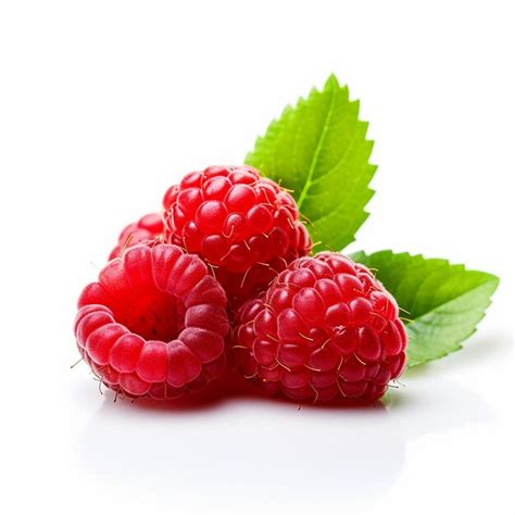 Premium Ai Image Ripe Raspberry With Green Leaves On White Background