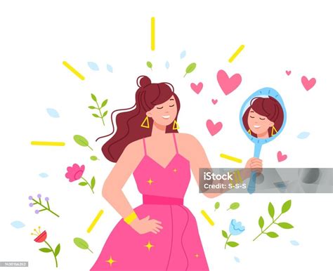 이기적인 반성 자기 만족 여자는 모양 거울을 보며 여성 자아 자랑스러운 여성 나르시시즘 이기적인 사랑 아름다운 슬림 바디 웃는 자만심 벡터 일러스트 레이 션 개성 개념에