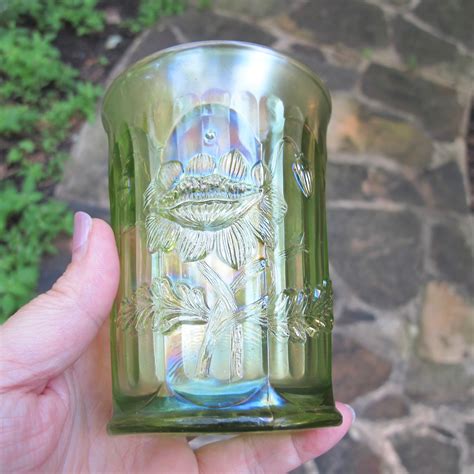 Antique Northwood Oriental Poppy Lime Green Carnival Glass Tumbler Ribbed Int Carnival Glass