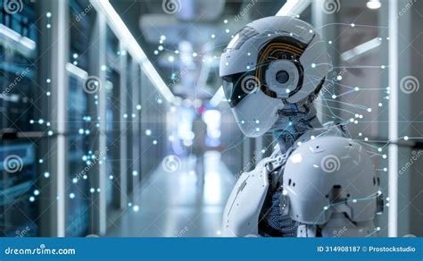 Futuristic Robot With Humanoid Features In A Data Center Stock Image Image Of Cyborg Robotics