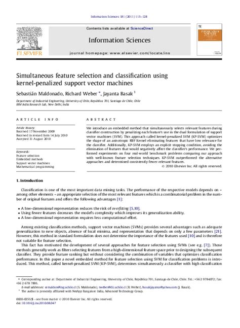 Pdf Simultaneous Feature Selection And Classification Using Kernel