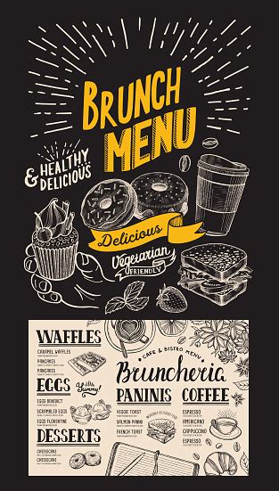 브런치 레스토랑 메뉴입니다 에 대 한 벡터 음식 전단지 바와 카페 빈티지 그린 그림 칠판 배경 서식 파일을 디자인 합니다 고풍