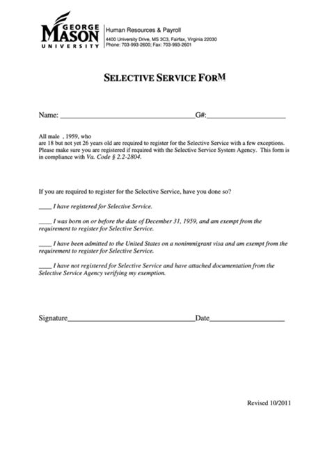 Selective Service Form Printable Pdf Download
