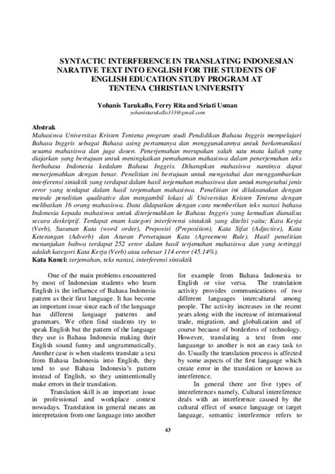 Pdf Syntactic Interference In Translating Indonesian Narative Text