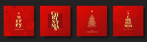 메리 크리스마스와 새해 복 많이 받으세요 인사말 카드 또는 배너 럭셔리 크리스마스 디자인 골드 타이포그래피 공 눈송이 크리스마스 트리 및 빨간 배경에 Gliter 세트