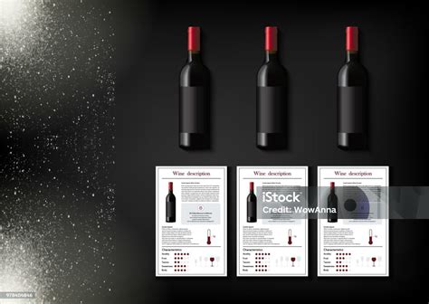 설명과 함께 와인 및 와인 카드의 현실적인 병과 반짝 반짝와 검은 배경에 와인의 특성의 심플한 디자인 벡터 일러스트 실사 스타일입니다 0명에 대한 스톡 벡터 아트 및 기타