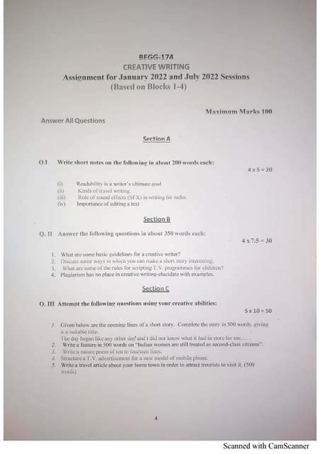 Creative Writing Begg 174 Solved Assignment Pdf