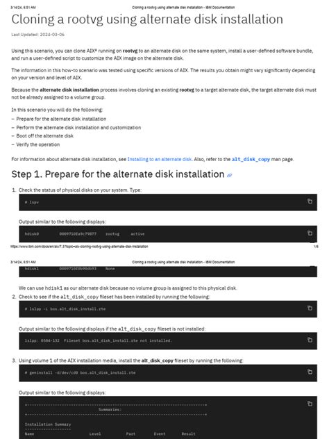 Cloning A Rootvg Using Alternate Disk Installation Ibm Documentation Pdf Booting