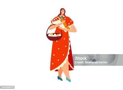 젊은 캐릭터 여성은 계란 바구니와 꽃다발 꽃을 잡고 아름다운 여성 전통 정장 스탠드 포즈 흰색에 고립 만화 벡터 일러스트 꽃 나무에 대한 스톡 벡터 아트 및 기타 이미지