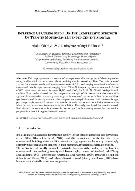 Pdf Influence Of Curing Media On The Compressive Strength Of Termite Mound Lime Blended Cement