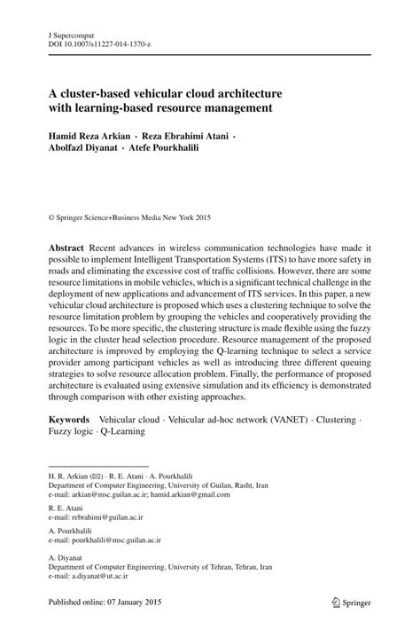 Pdf A Cluster Based Vehicular Cloud Architecture With Learning Based