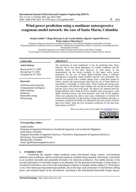 Wind Power Prediction Using A Nonlinear Autoregressive Exogenous Model Network The Case Of