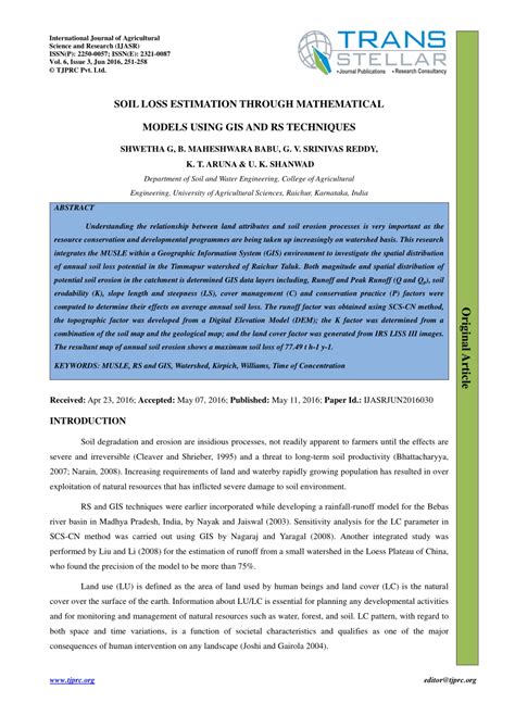 PDF SOIL LOSS ESTIMATION THROUGH MATHEMATICAL MODELS USING GIS AND RS TECHNIQUES