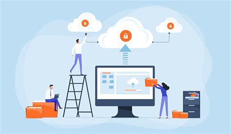 비즈니스 플랫 벡터 설계 기술 파일 클라우드 서버 스토리지 개념에 백업을 업로드합니다 컴퓨터 모니터로 작업하는 팀 관리자 및 개발자 일러스트 만화 캐릭터 디자인 클라우드