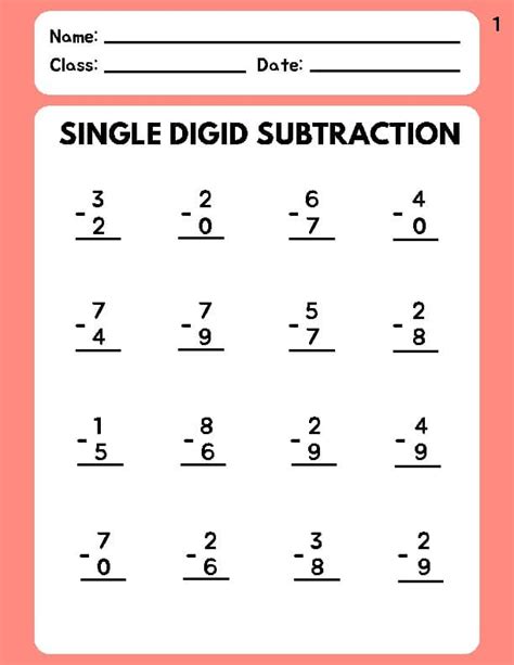 Single Digit Subtraction Worksheets 2 Kindergarten And Grade 1 Math