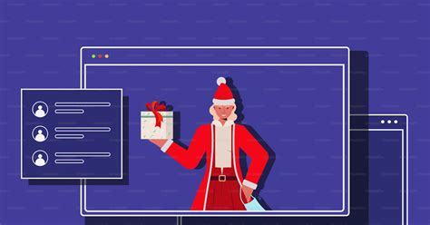 선물 상자 새해 크리스마스 휴일 축하 코로나바이러스 격리 온라인 통신 개념 초상화 수평 벡터 일러스트레이션을 들고 있는 웹 브라우저 창에서 산타 여자 사진