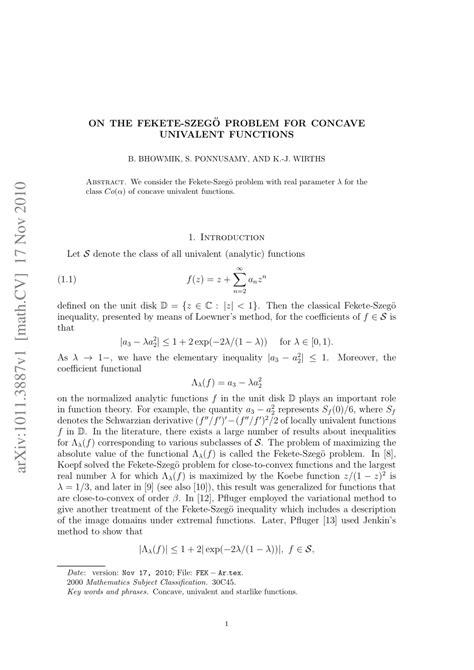 Pdf On The Fekete Szeg O Problem For Concave Univalent Functions