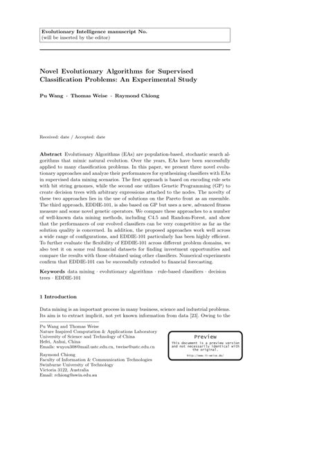 pdf novel evolutionary algorithms for supervised classification