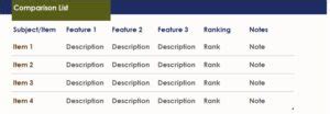 Comparison List Template In Excel Download Xlsx