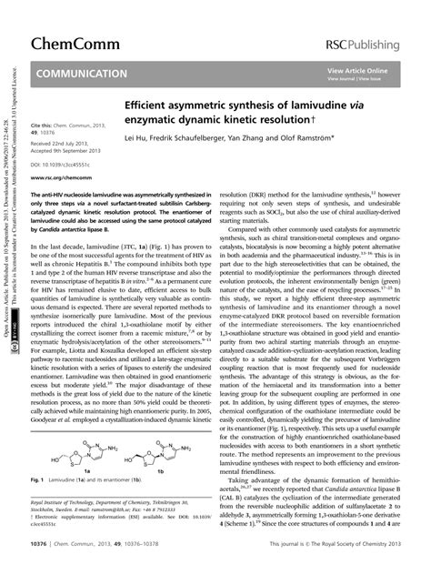 Pdf Cheminform Abstract Efficient Asymmetric Synthesis Of Lamivudine Via Enzymatic Dynamic
