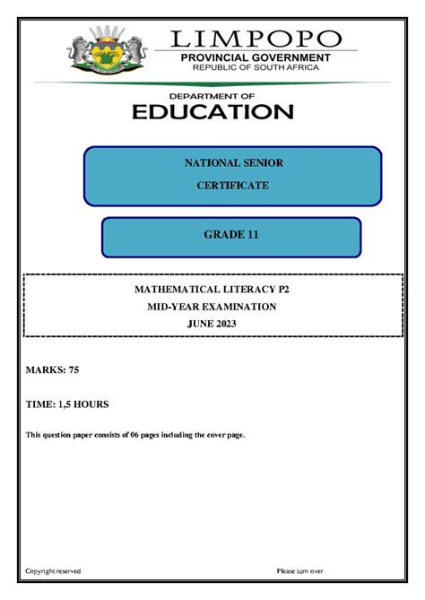 2023 Gr 11 Mlit P2 Mathematical Literacy P Mid Year Examination June 2023 Marks 75 Time 1 5