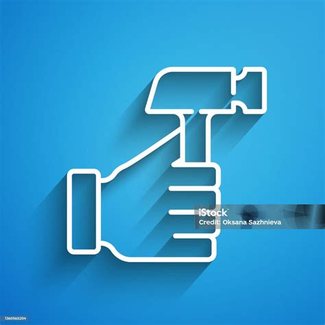 파란색 배경에 격리 된 흰색 선 해머 아이콘입니다 수리를위한 도구 긴 그림자 벡터 갈고리 발톱에 대한 스톡 벡터 아트 및 기타 이미지 갈고리 발톱 강철 개념 Istock